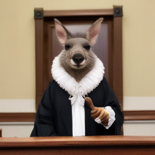 kangaroo sitting in a courtroom as a judge in a black robe, holding a ...