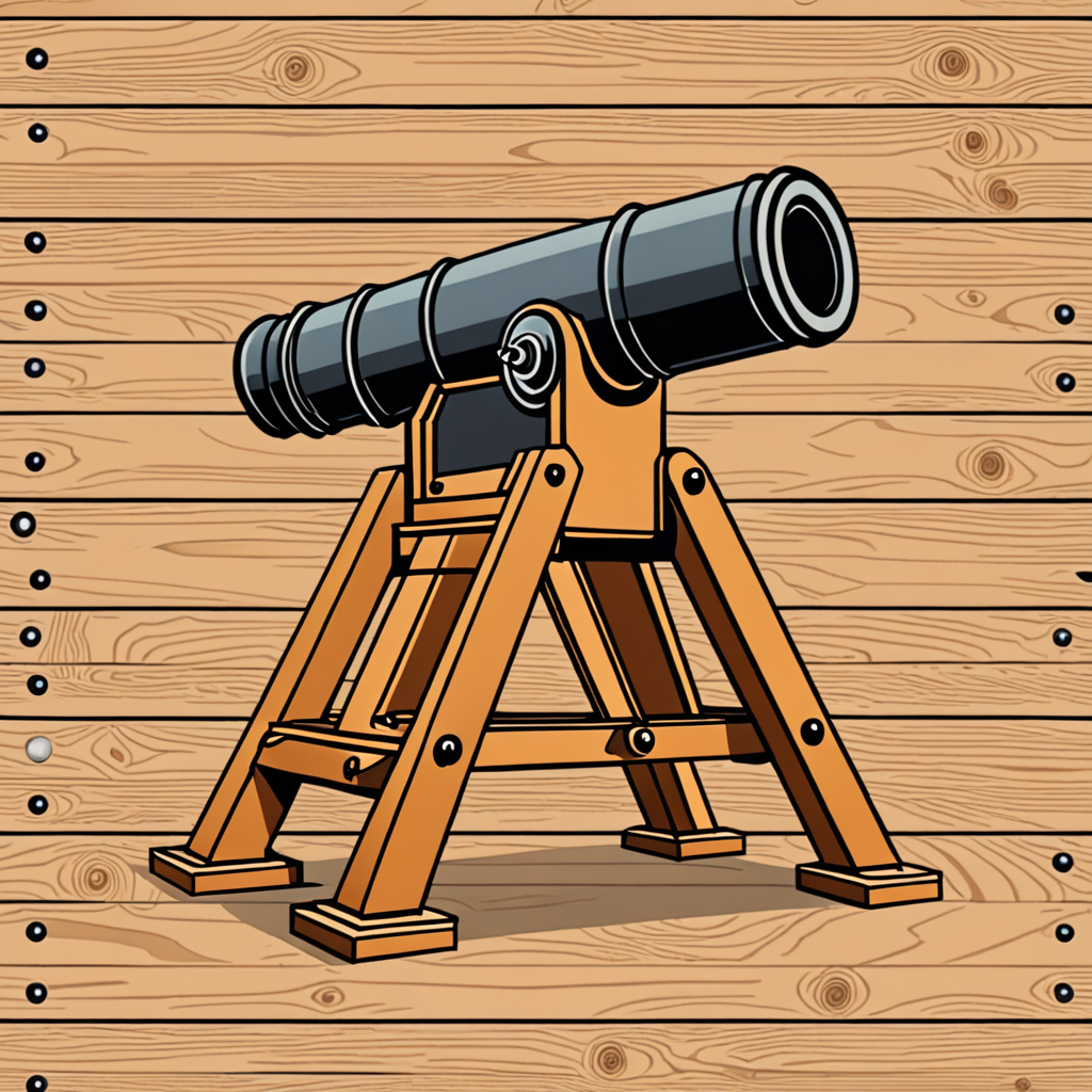 A medieval naval cannon on a wooden naval base stands on the gun deck ...