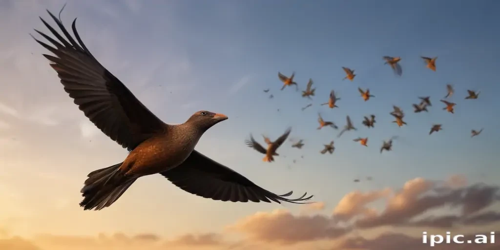 A Majestic Bird Soaring Amidst a Flock Against a Stunning Sunset Sky