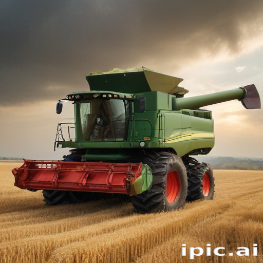 Large Green Combine Harvester in a Golden Wheat Field Under Dramatic Sky