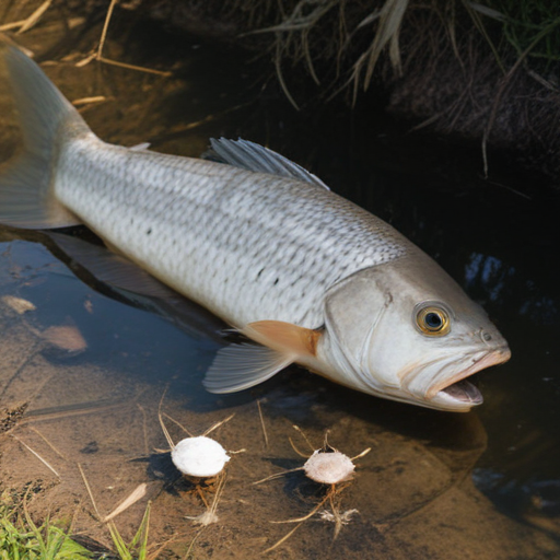 a fish who live in a polluted pond with trash everywhere