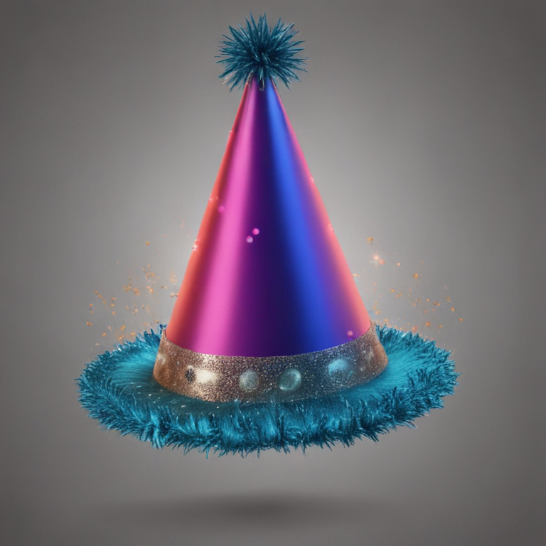 Colorful and Sparkly Party Hat Floating Against a Gray Background