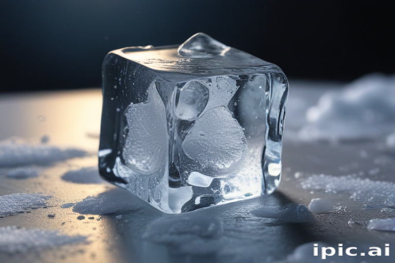 Glacial Serenity: A Crystal Clear Ice Cube on a Reflective Surface