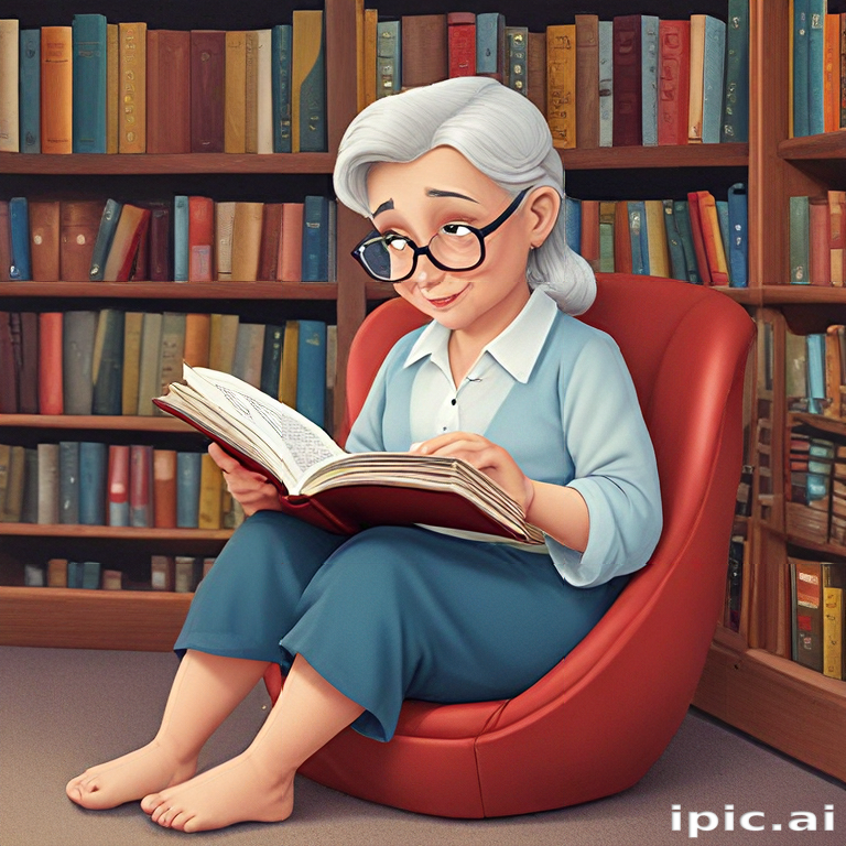 A Charming Elderly Woman Enjoys Reading in a Cozy Library Setting