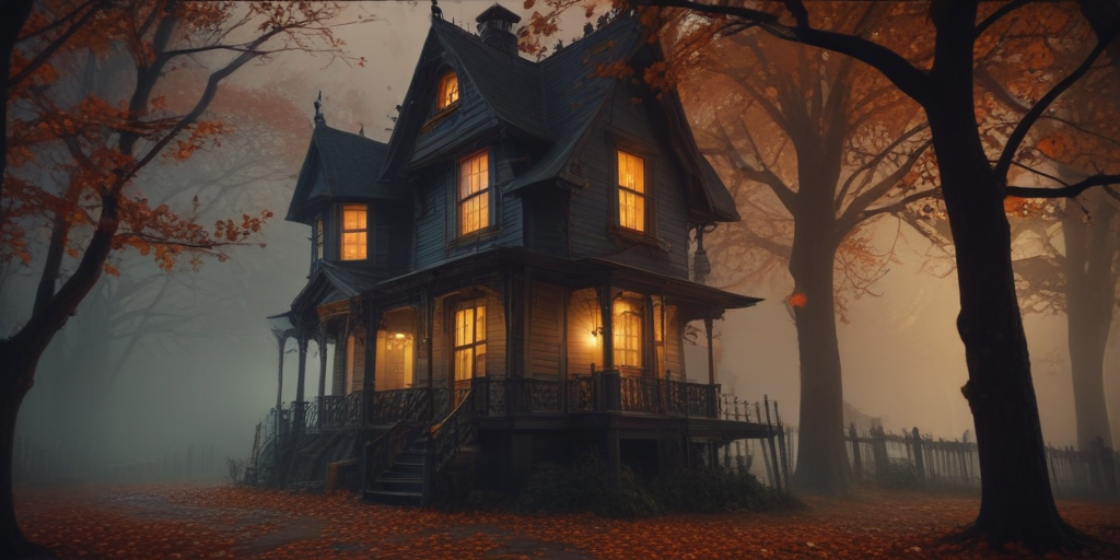 Enchanting Haunted House Surrounded by Autumn Leaves and Misty Twilight.
