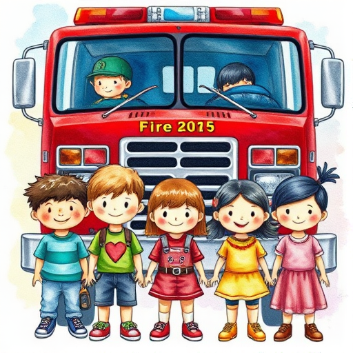 Children Smiling Together in Front of a Bright Red Fire Truck