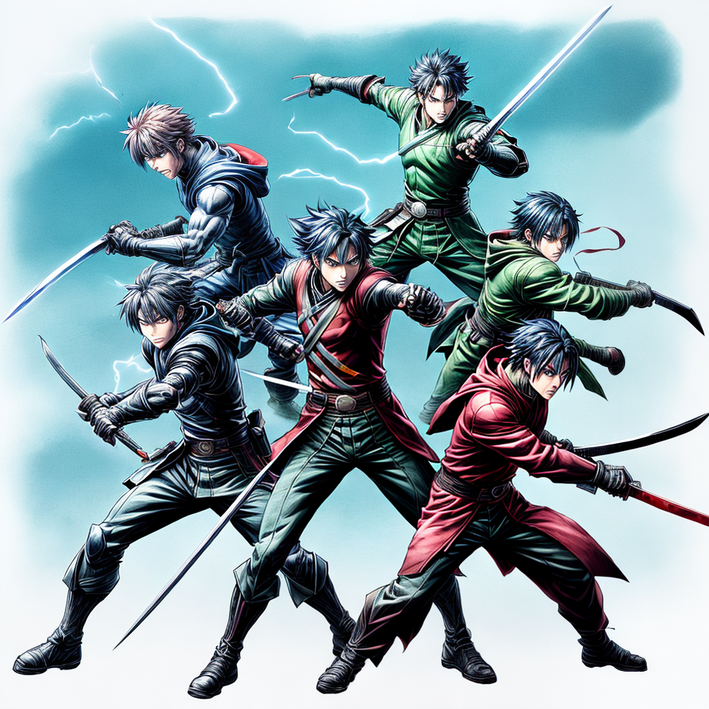 Characters dueling with katanas, one releasing lightning from the sword ...