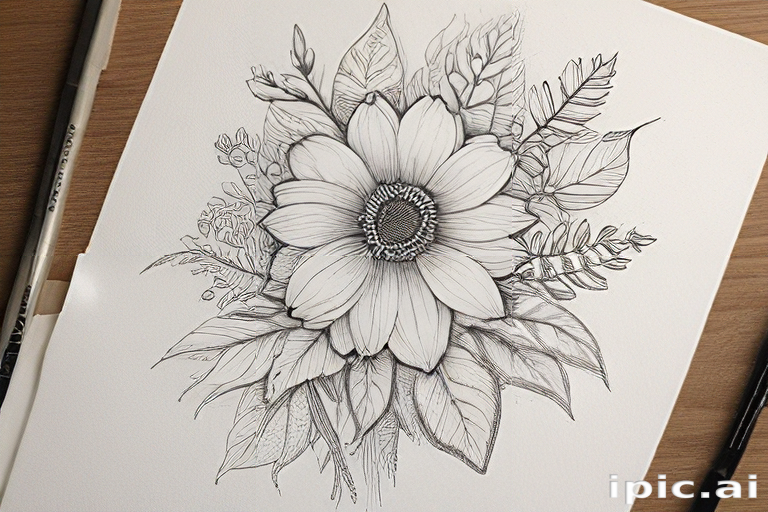 Intricate Sketch of a Flower Surrounded by Lush Greenery and Leaves