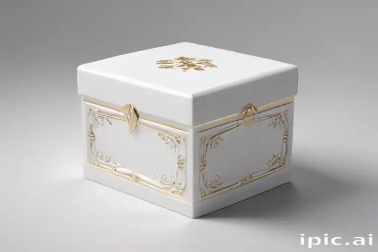 Elegant White Decorative Box with Intricate Gold Floral Design Details