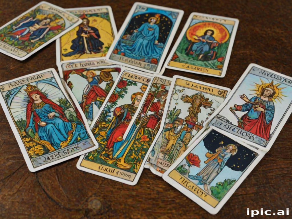 Colorful Tarot Cards Spread Across a Wooden Table for Divination Purposes