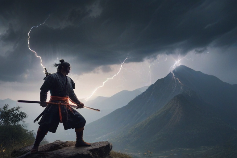 samurai wielding lightning on a mountain landscape