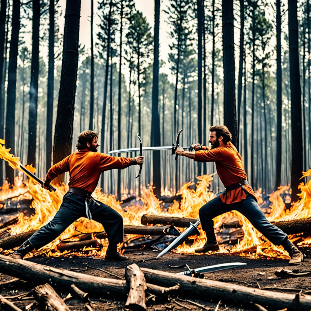 Two men fighting with swords in the middle of forest on fire. Cartoon ...
