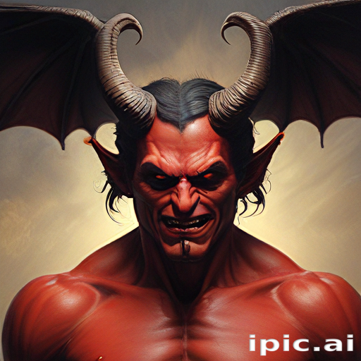 Powerful Red Demon with Horns and Intense Expression Against a Dramatic ...
