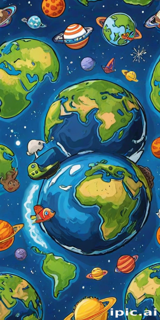 Whimsical Illustration of Earth Surrounded by Colorful Planets and Animals