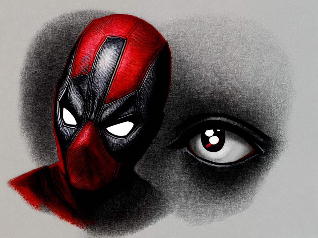 deadpool mask eyes in drawing in front of a computer screen with code