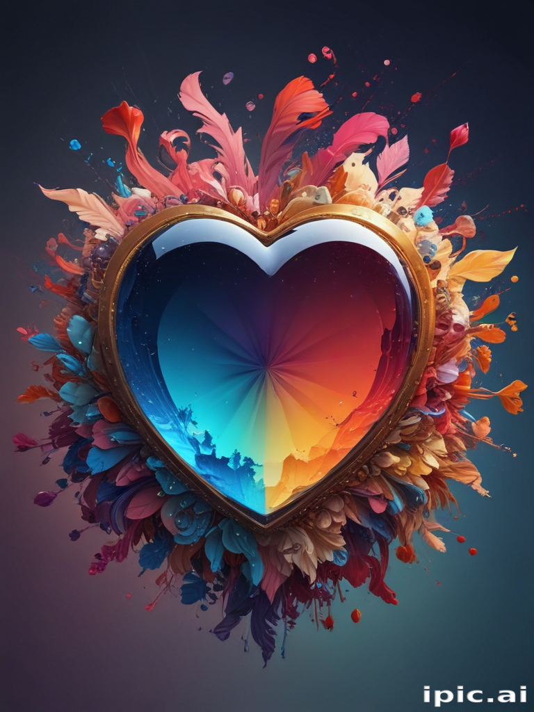 Vibrant Heart Surrounded by Colorful Petals and Artistic Flourishes