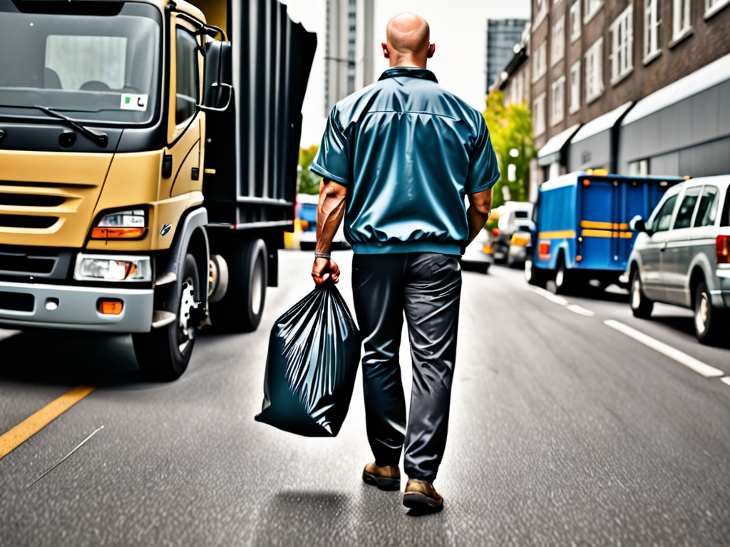 realistic handsome muscular bald garbagemen from behind carrying black ...