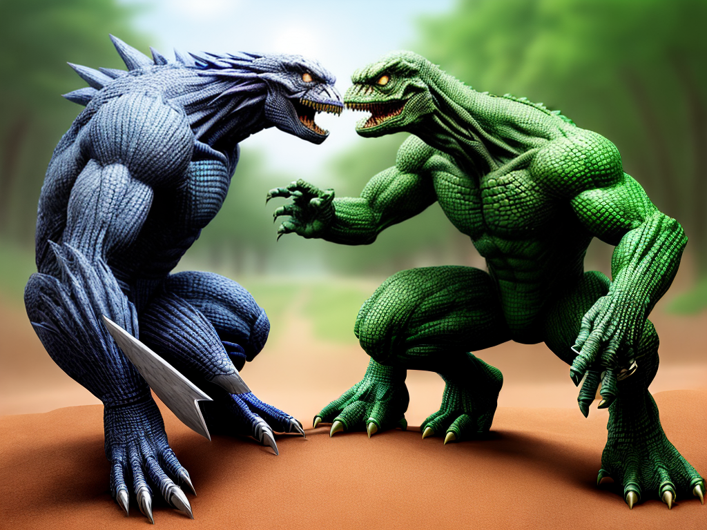 Giant robot fighting a reptile monster