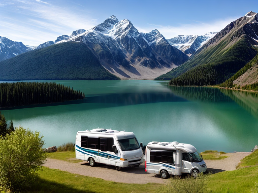 modern motorhome parked next to a lake and mountains. The landscape ...