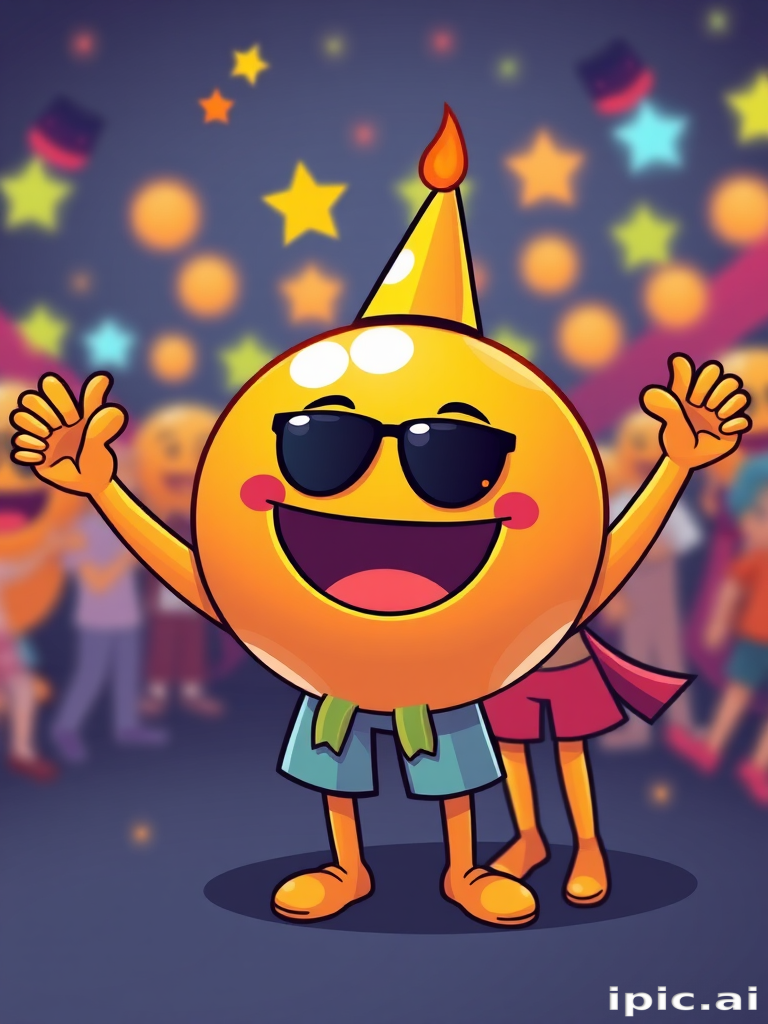Cheerful Cartoon Character Celebrating with Friends at a Vibrant Party