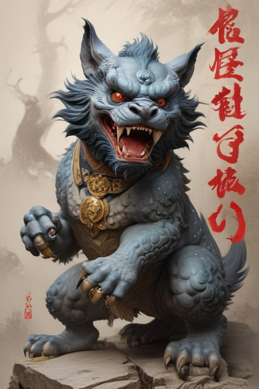 Chinese foo dog fighting with a Japanese tengu