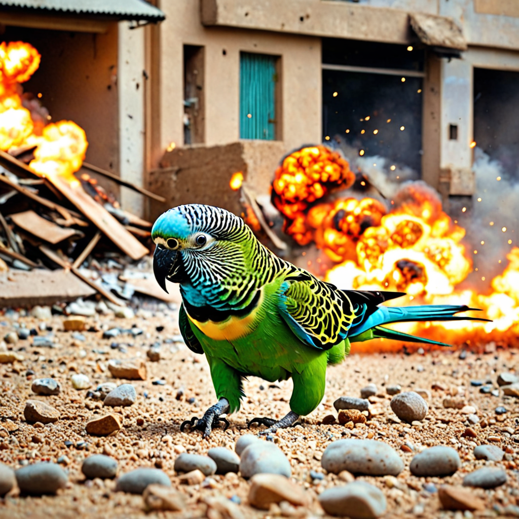 Parakeet running, explosions in the background