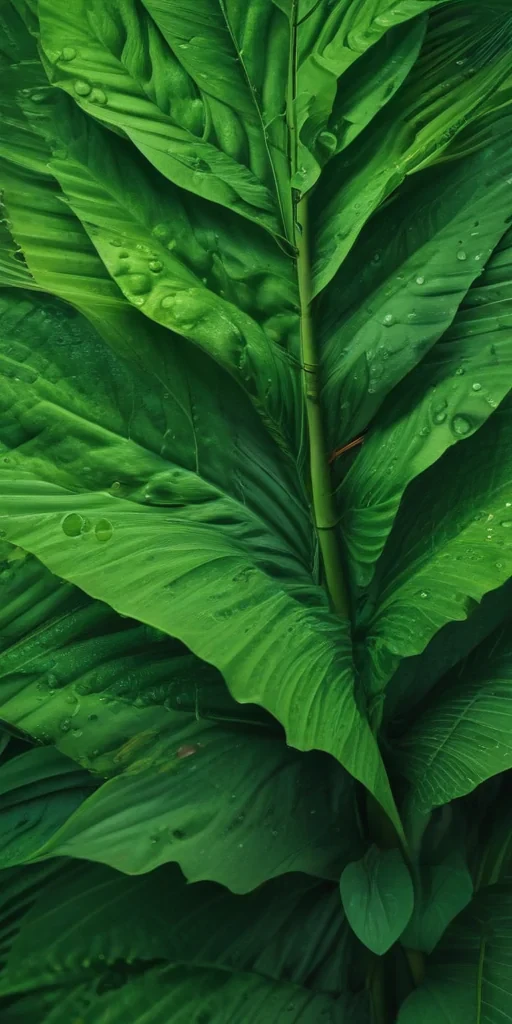 Vibrant Green Leaves Glistening with Water Drops After a Refreshing Rain