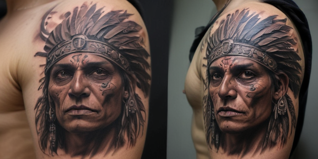 Realistic full body Aztec warrior with a skull face tattoo design