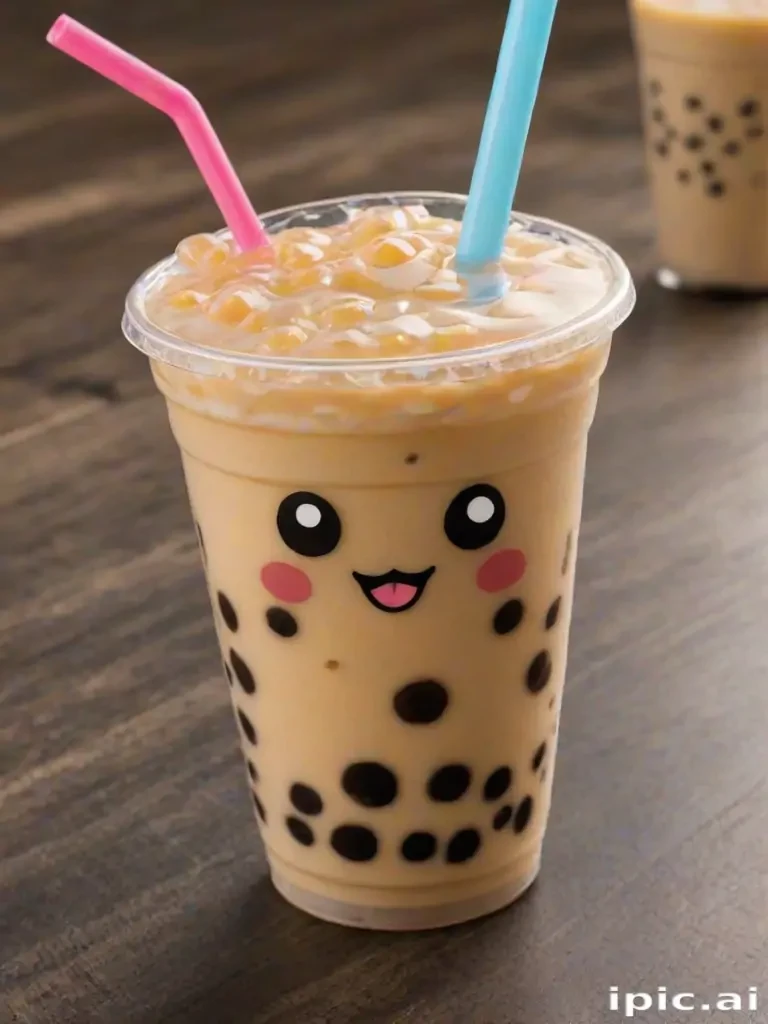 Delightful Bubble Tea with a Cute Face and Colorful Straws