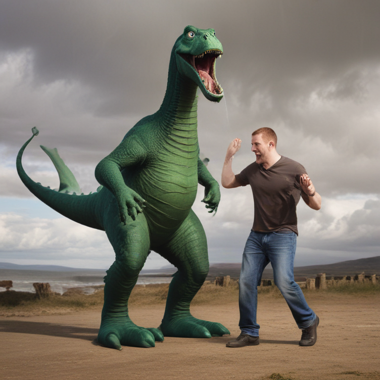 man with pint of guinness, dancing with loch ness monster