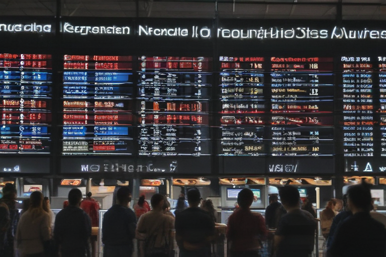 Tv Flight schedule at airport with many people looking at it