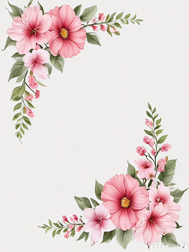 Delicate Pink Floral Corner Design with Lush Greenery on Light Background