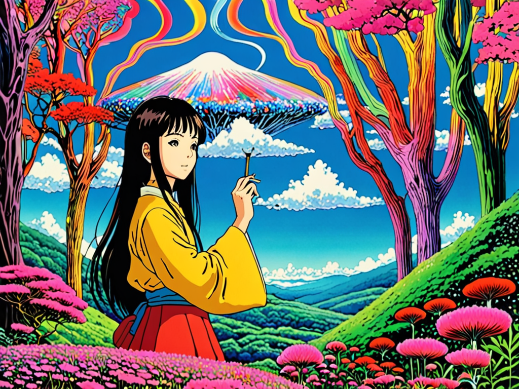 psychedelic ghibli, trippy girl, anime, manga