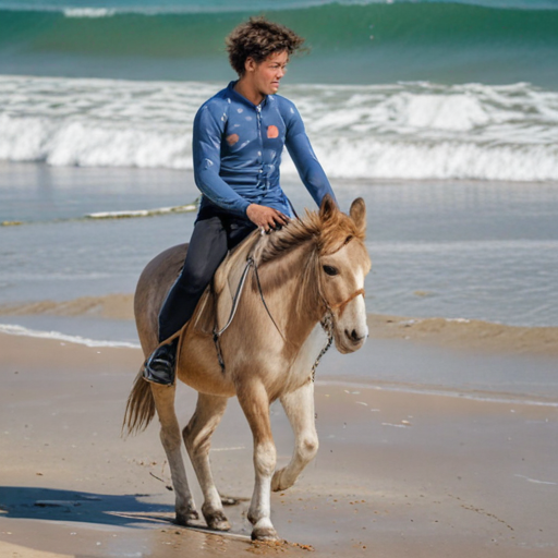 Portuguese surfer riding a donkey