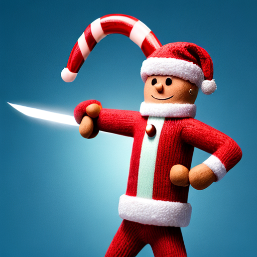 Hyper realistic human like ginger bread man with a candy cane as a sword
