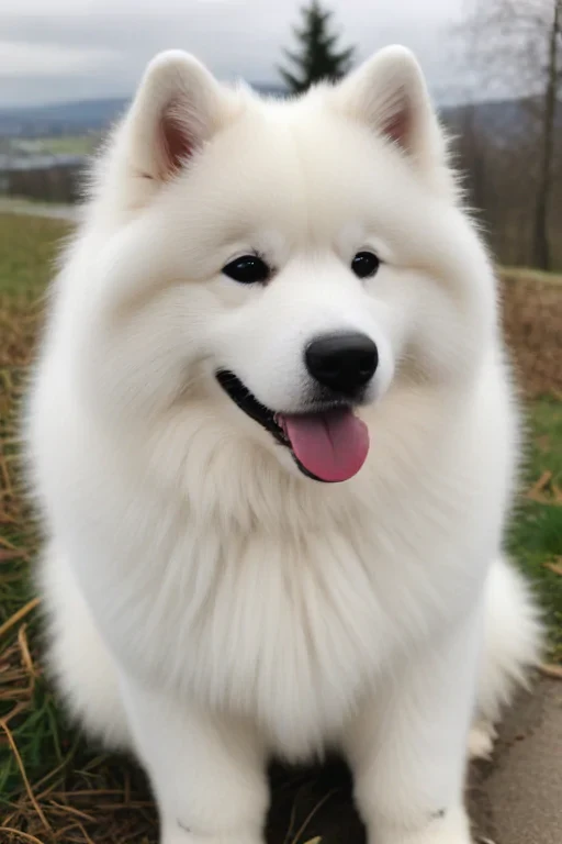 A Fluffy White Samoyed Dog Enjoying a Beautiful Outdoor Setting.