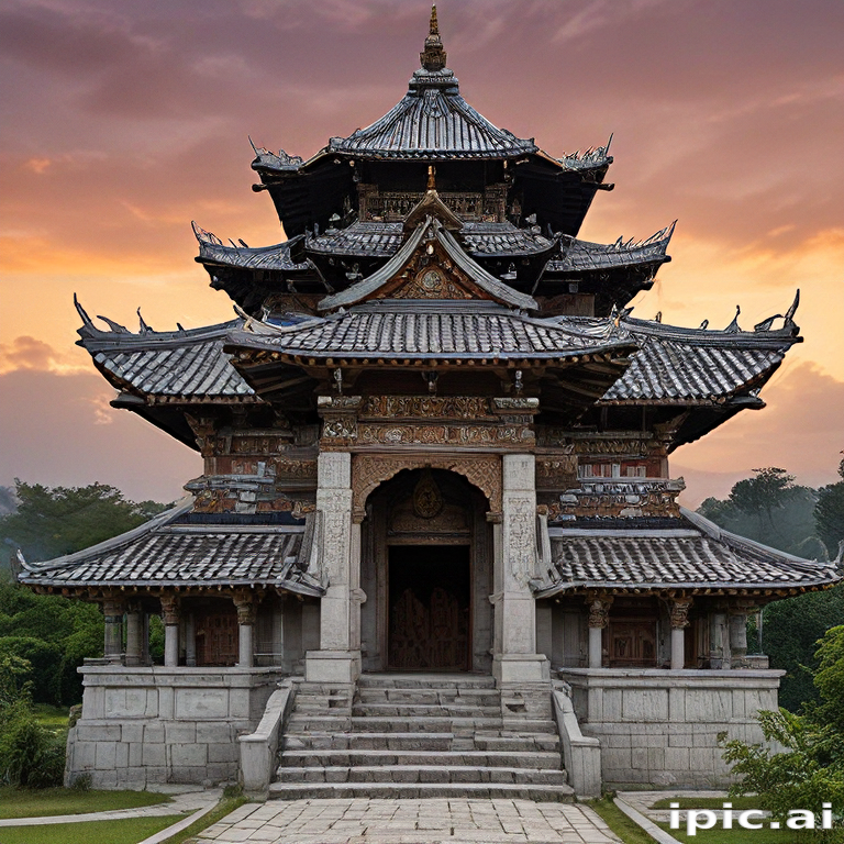 Stunning Ancient Temple Surrounded by Lush Greenery at Sunset