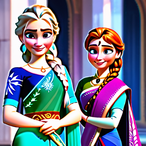 Elsa hug Anna in saree indian smile frozen disney smile look at camera ...