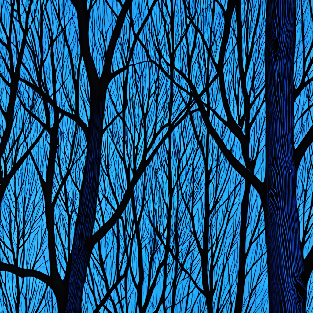 One tree with glowing dark blue logs and light blue willow tree like leaves
