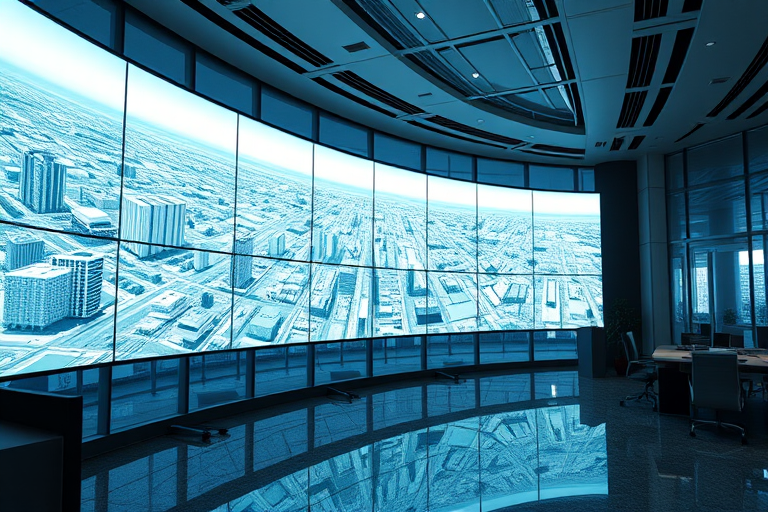 interior modern office with large digital screens displaying city ...