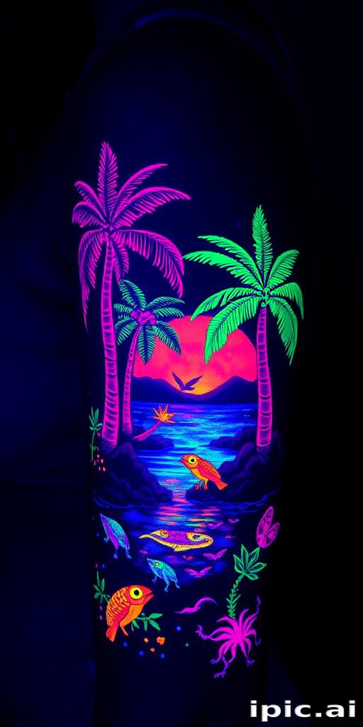 Vibrant Neon Tattoo Featuring Tropical Scene with Fishes and Palm Trees