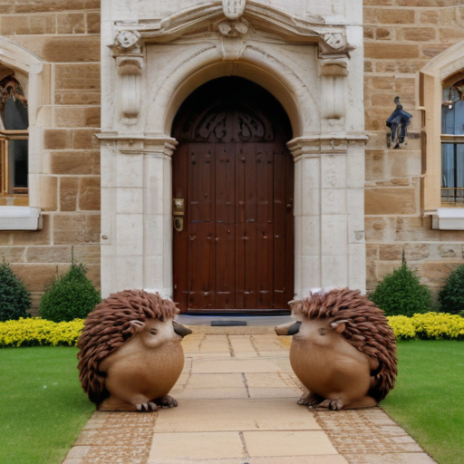 a castle with 2 big brown and tan hedgehog statues outside the front of ...