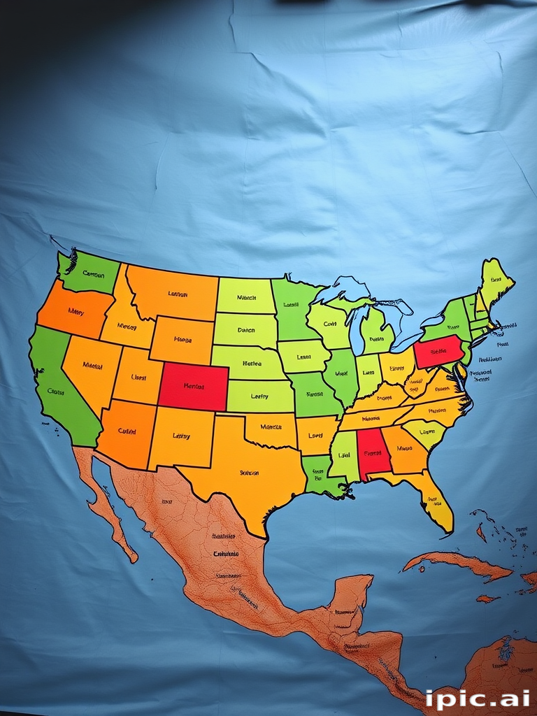 Colorful Map of the United States with State Names and Designations