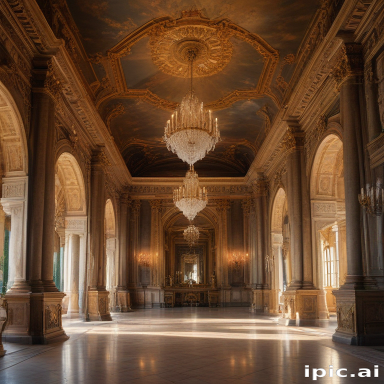 Elegant Grand Hall with Majestic Chandeliers and Ornate Architectural ...