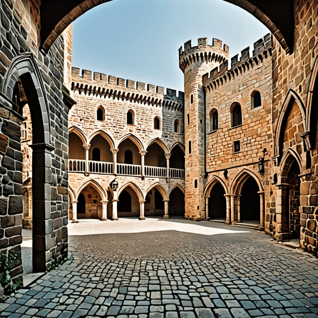 Empty courtyard of a medieval castle. Close view. No people. Flat color.