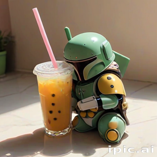 Boba Fett Figurine Enjoying a Refreshing Bubble Tea Drink on a Sunny Day