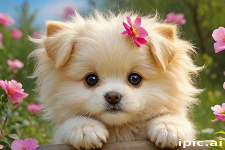 A Cute Fluffy Puppy with a Flower in Its Hair Surrounded by Blossoms.