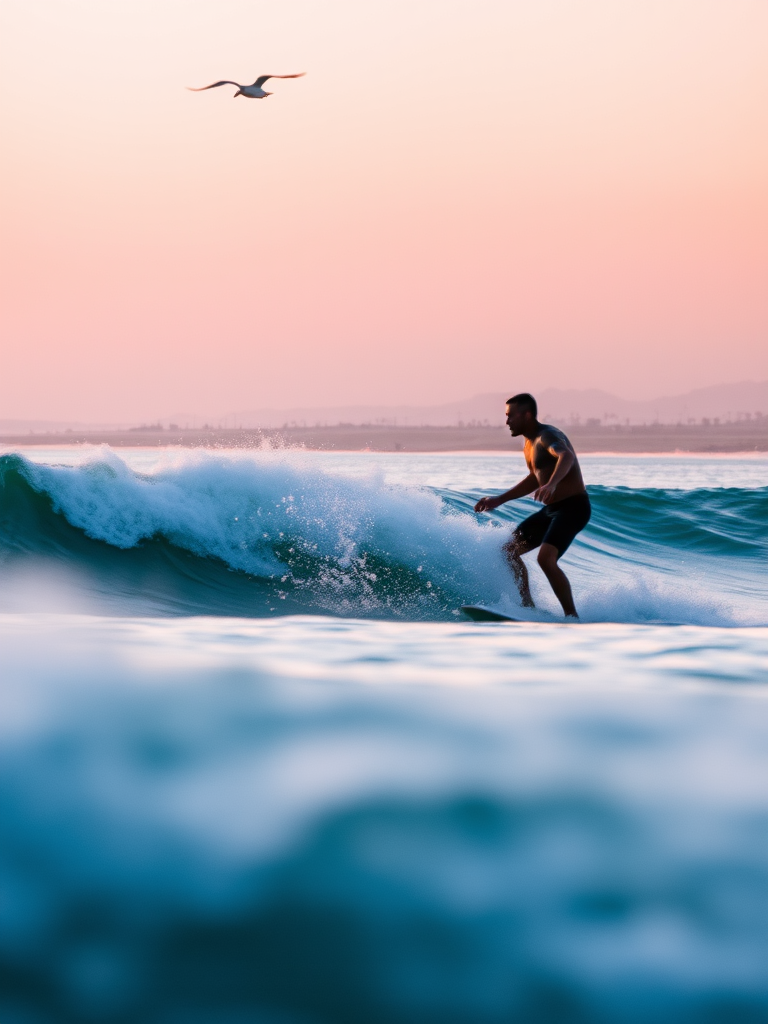 Surfer Riding the Waves at Sunset with a Bird in the Sky
