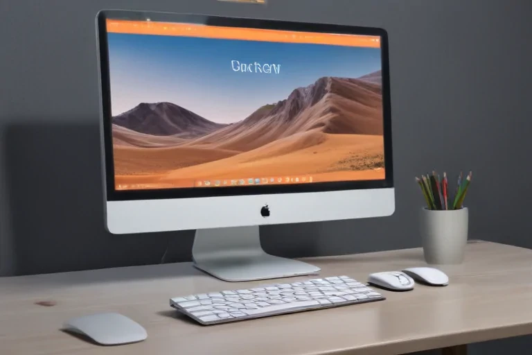 A Modern Workspace Featuring an iMac with a Desert Landscape Wallpaper.