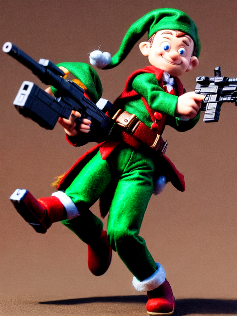 Christmas elf in military uniform with a gun